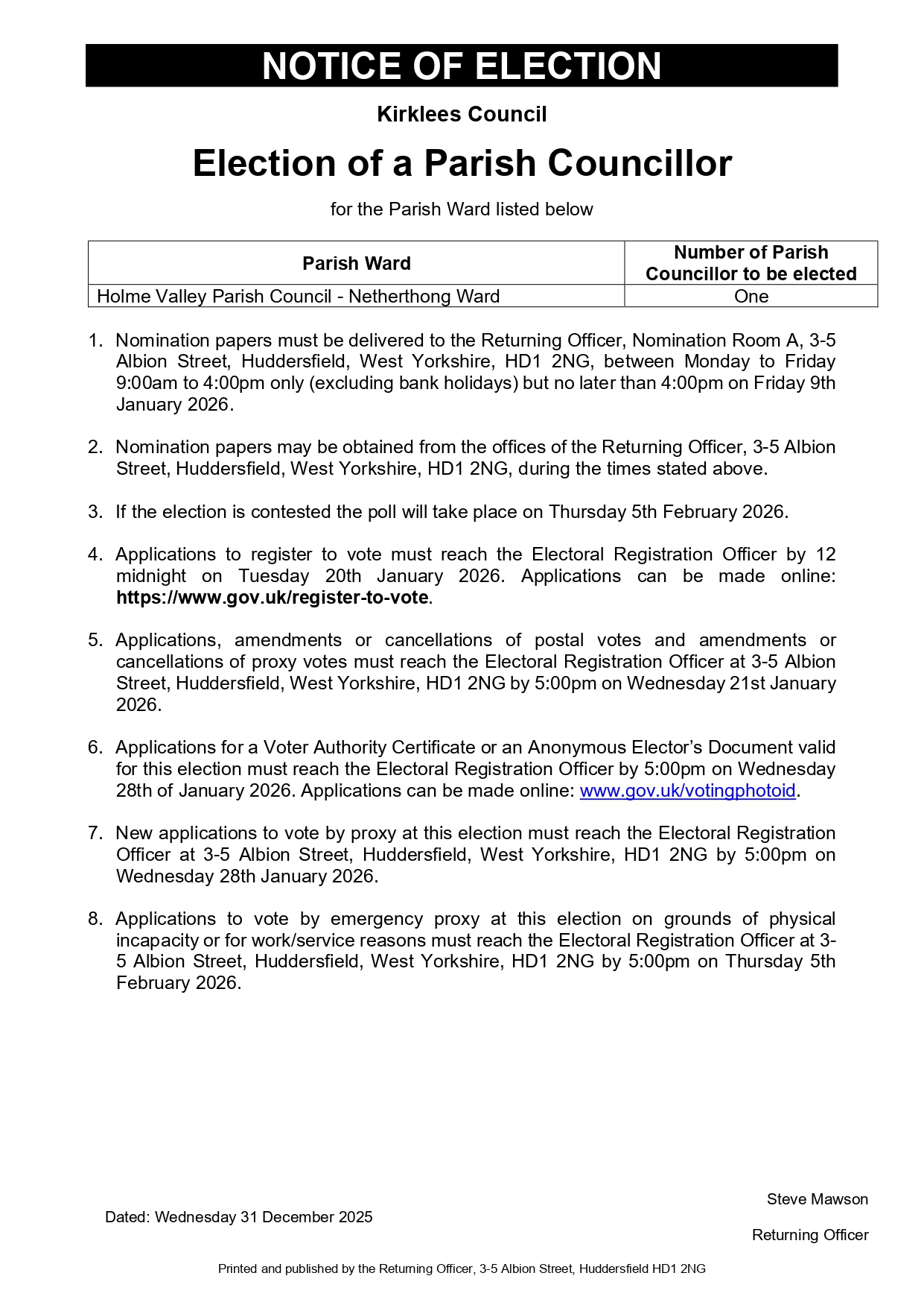 Notice of Election - Netherthong Ward - Holme Valley Parish Council