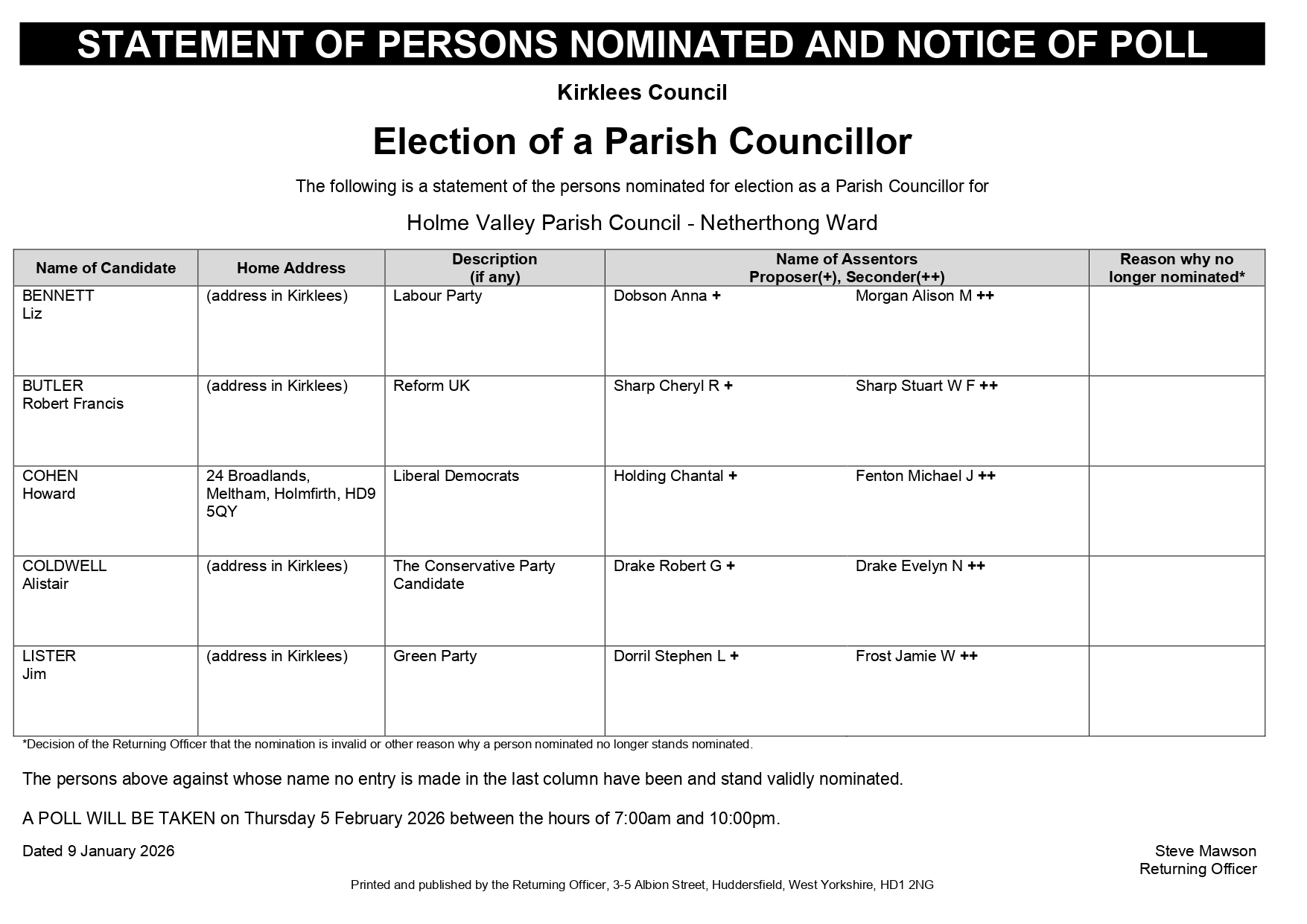 Statement of Persons Nominated and notice of a poll - Netherthong Ward ...