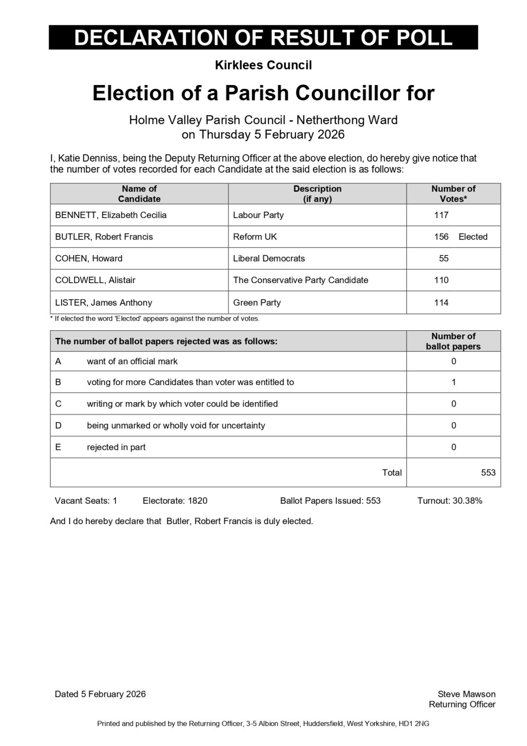DECLARATION OF RESULT OF POLL - Netherthong Ward, Thursday 5 February ...